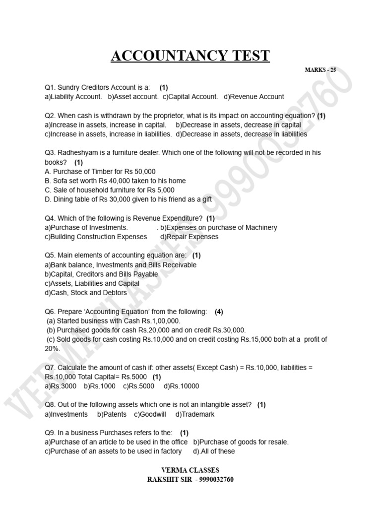 Class 11 Accounting Equation Test | PDF | Expense | Financial Economics