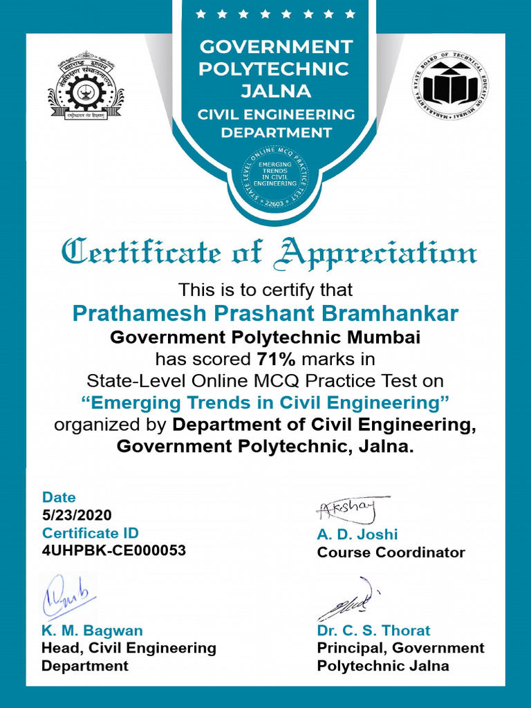 Certificate for _Prathamesh Prashant Bramhan..._ for _State Level MCQ Practice Te... | PDF