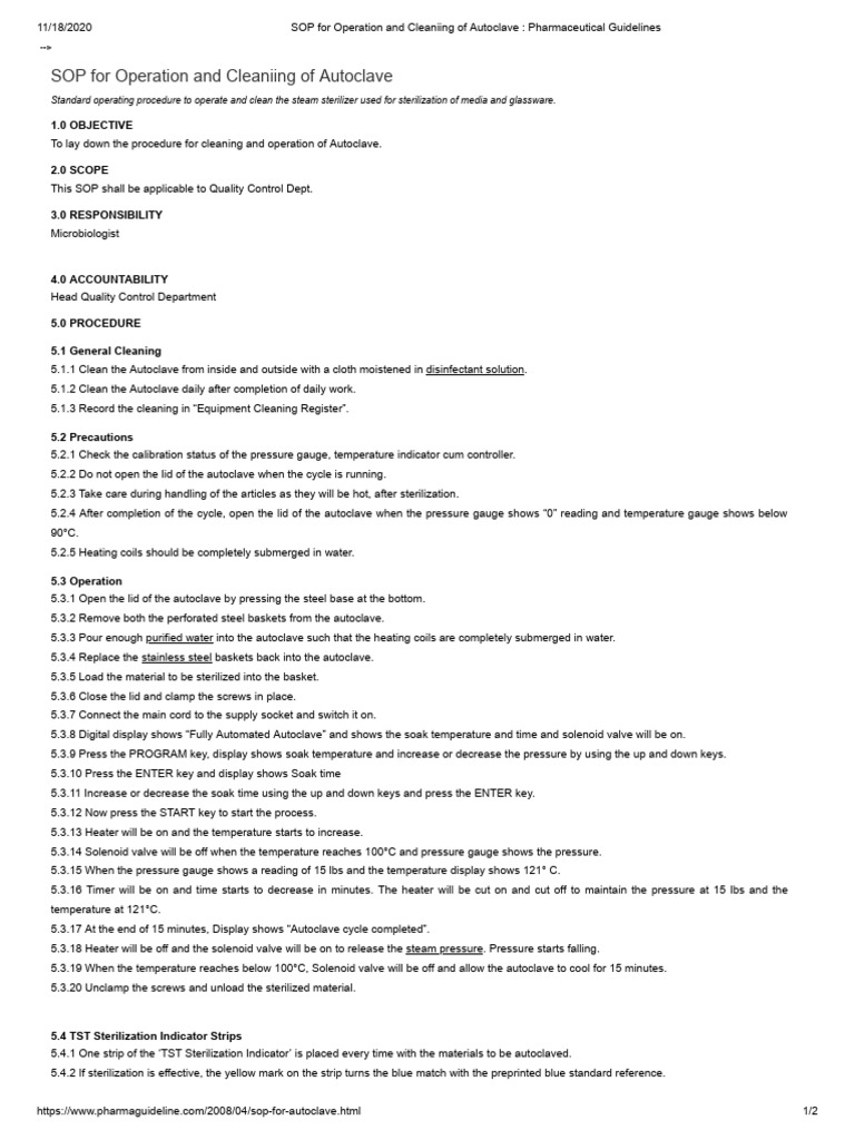 Autoclave Operation and Cleaning SOP | PDF | Sterilization (Microbiology)