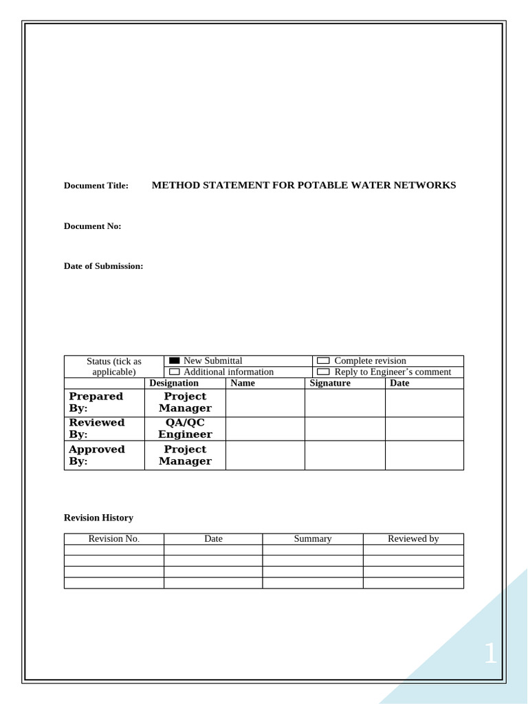 Potable Water Network Method Statement | PDF | Pipe (Fluid Conveyance ...
