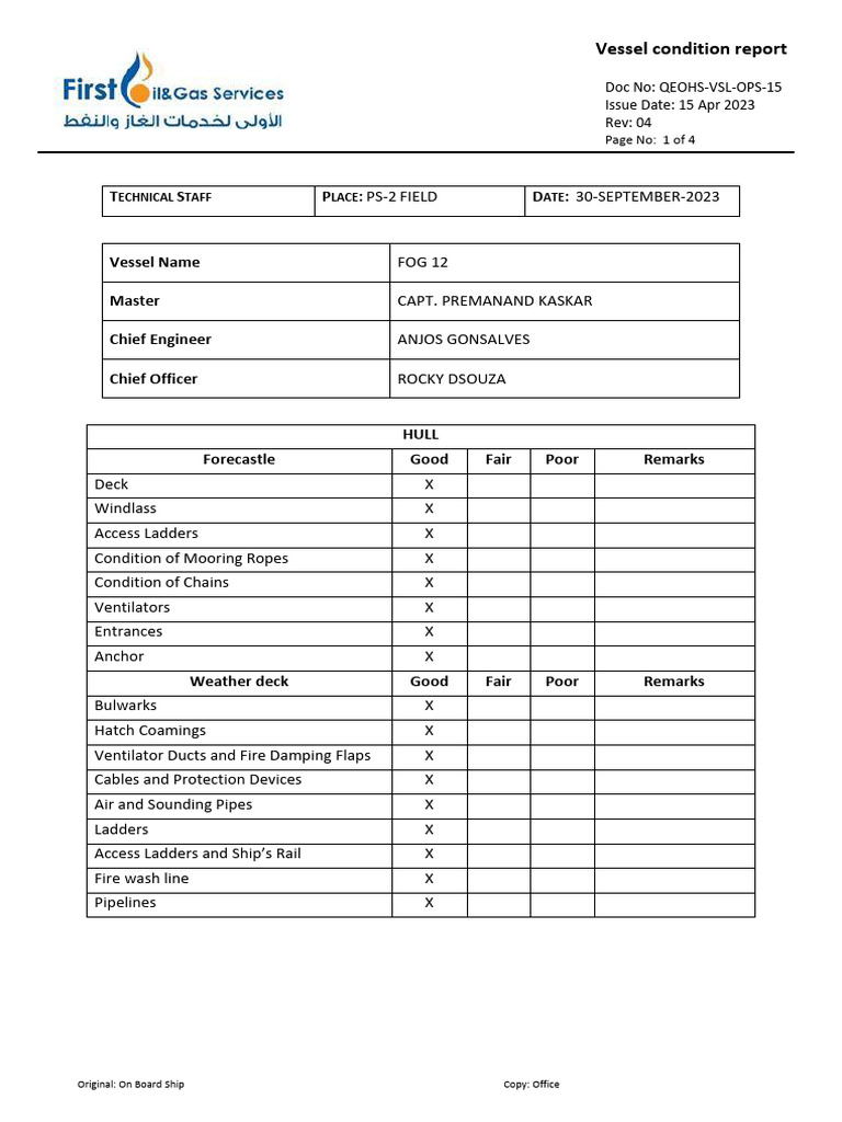 Vessel Condition Report for FOG 12 | PDF | Ships | Deck (Ship)