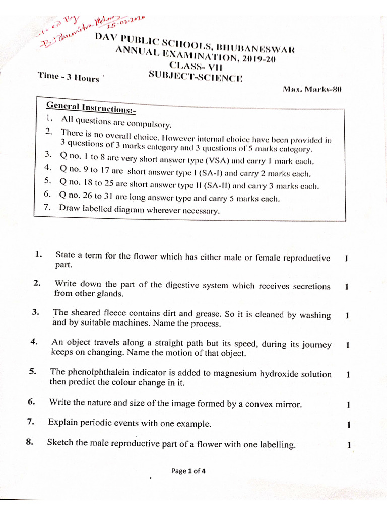 Annual Exam Paper 2019-20 | PDF