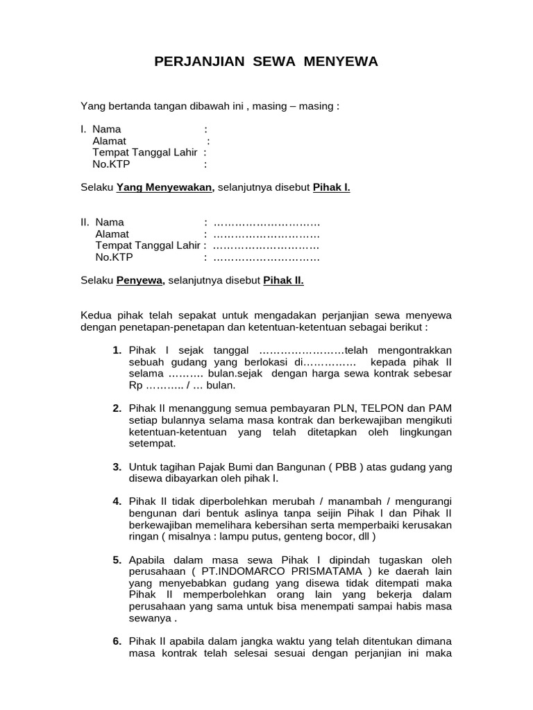 Format Perjanjian Sewa Gudang | PDF