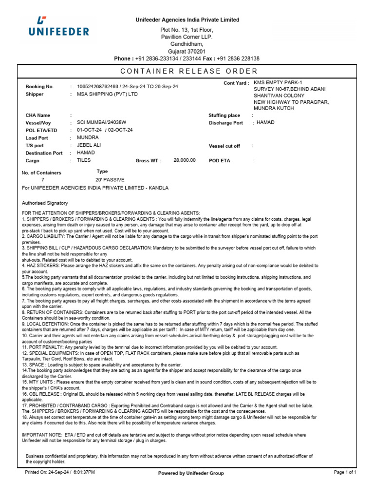 Unifeeder Container Release Order Details | PDF | Cargo | Freight Transport