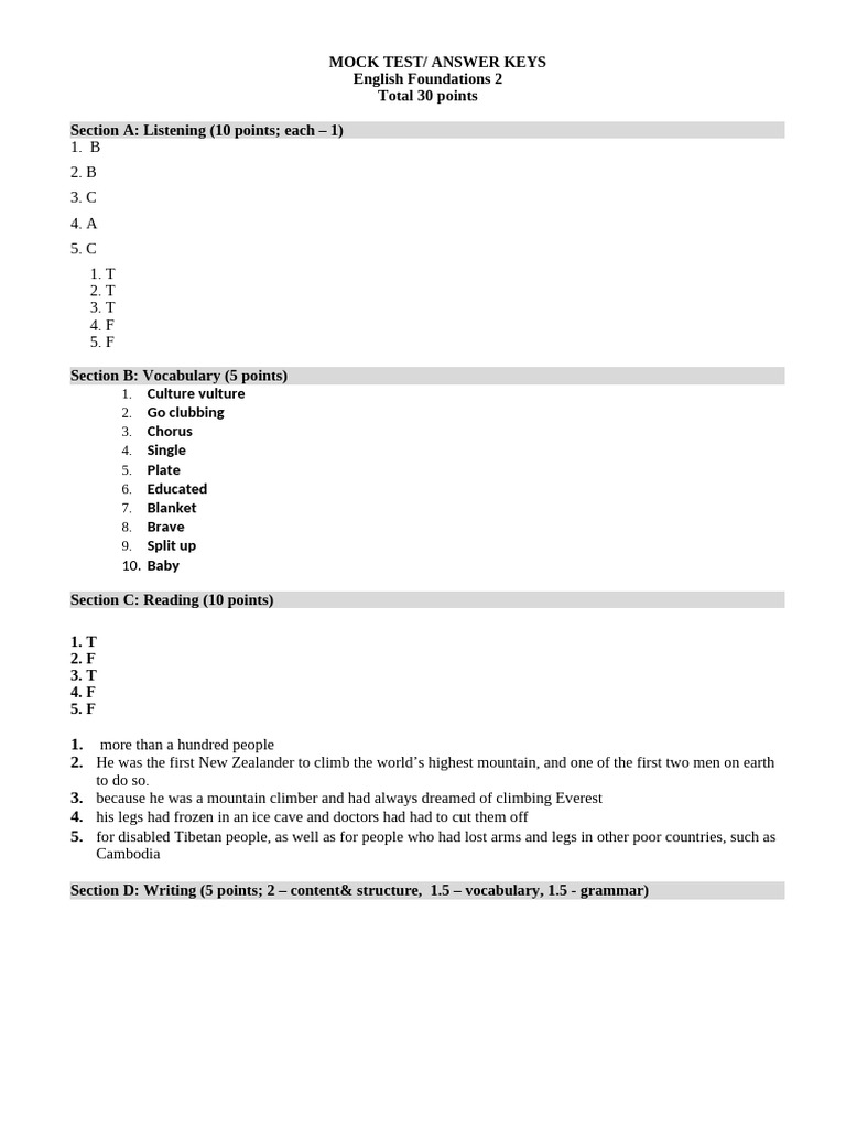 F 2 Mock Test Answer Keys | PDF