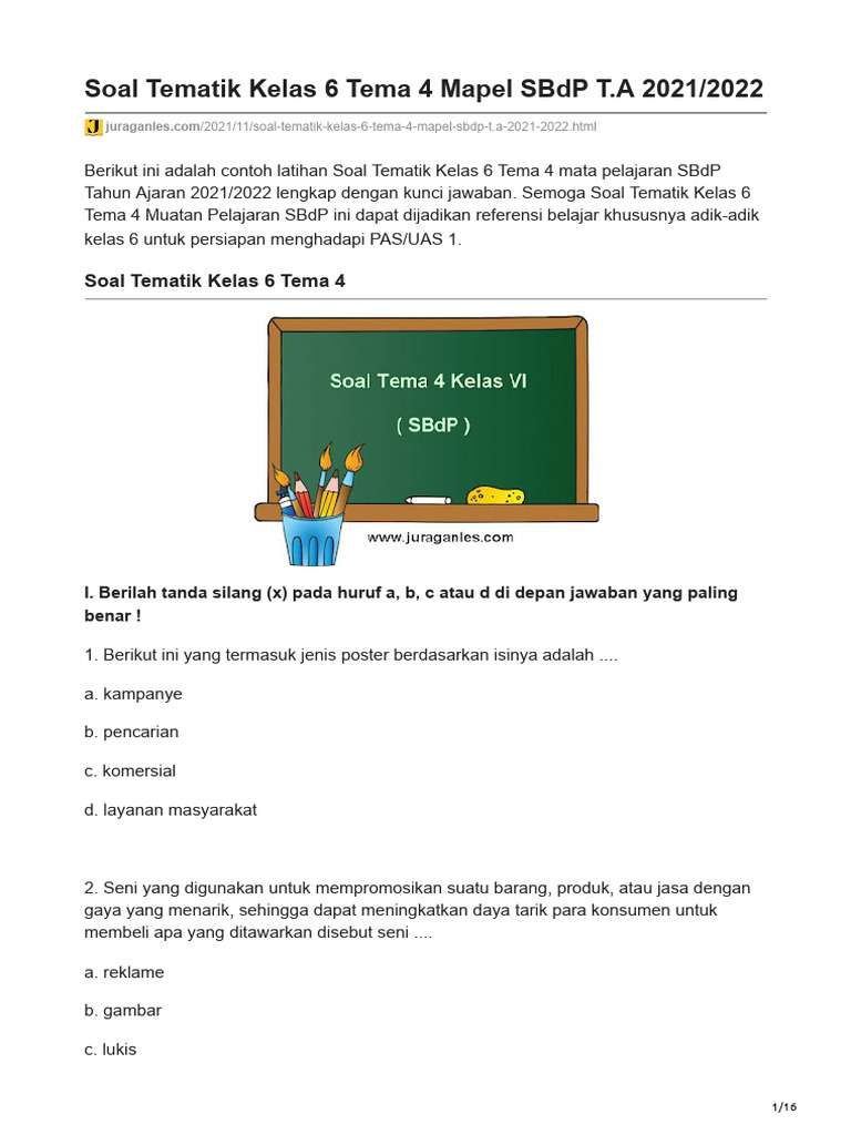 Soal Tematik Kelas 6 Tema 4 Mapel SBDP TA 20212022 | PDF