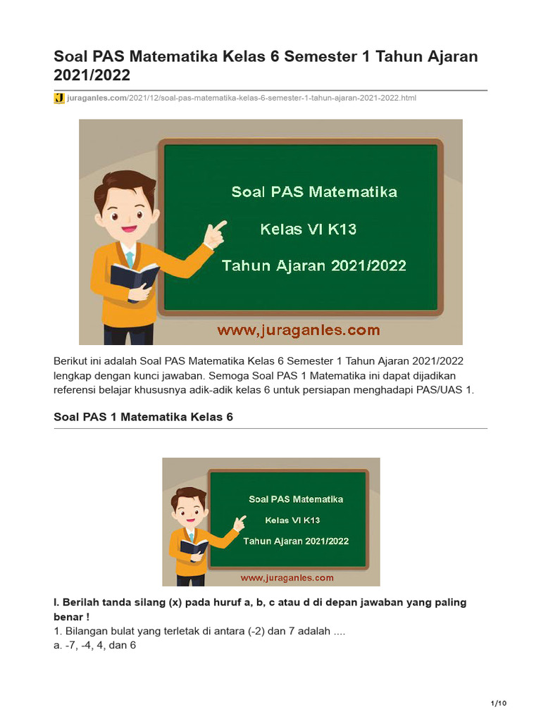 Soal PAS Matematika Kelas 6 Semester 1 Tahun Ajaran 20212022 | PDF