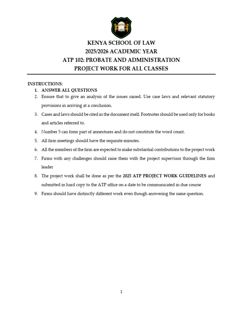 ATP 102 Probate and Administration Project Work 2025 - ALL CLASSES | PDF