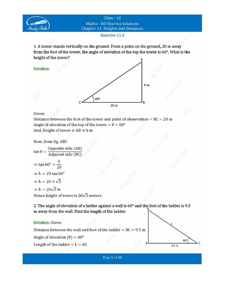 RD Sharma Solutions Class 10 Chapter 11 Exercise 11.1 Heights An | PDF