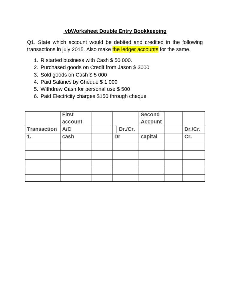 Worksheet Double Entry Bookkeeping | PDF