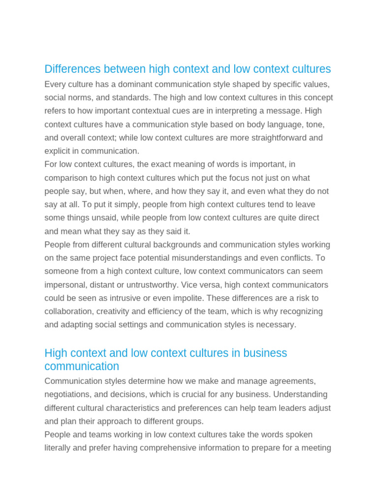 High vs Low Context Cultures Explained | PDF | Infographics | Information