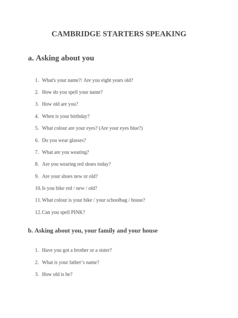 Cambridge Starters Speaking | PDF