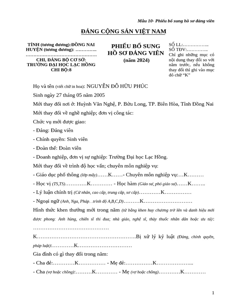 255.mau 10 Phieu Bo Sung Ho So Dang Vien 2024 | PDF
