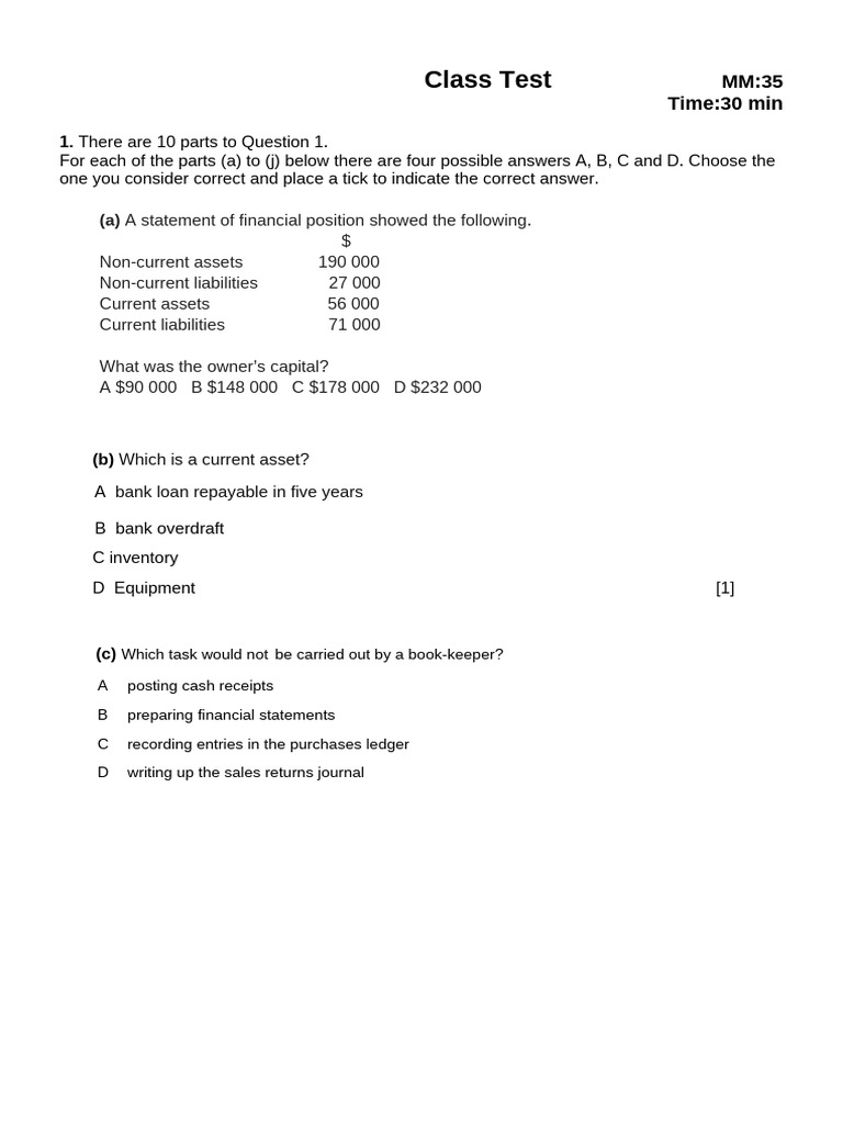 Class Test 1 | PDF | Debits And Credits | Business Economics
