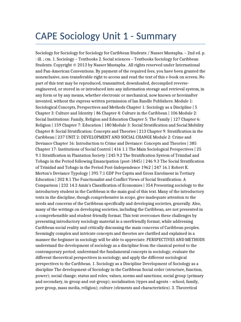 CAPE_Sociology_Unit1_Summary | PDF | Sociology | Socialization