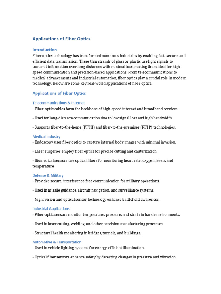 Applications of Fiber Optics | PDF | Optical Fiber | Fiber To The X