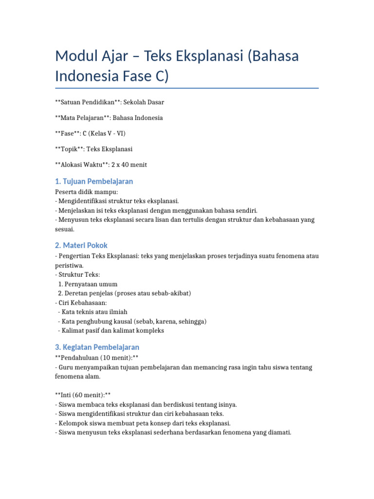 Modul Ajar Teks Eksplanasi Fase C | PDF