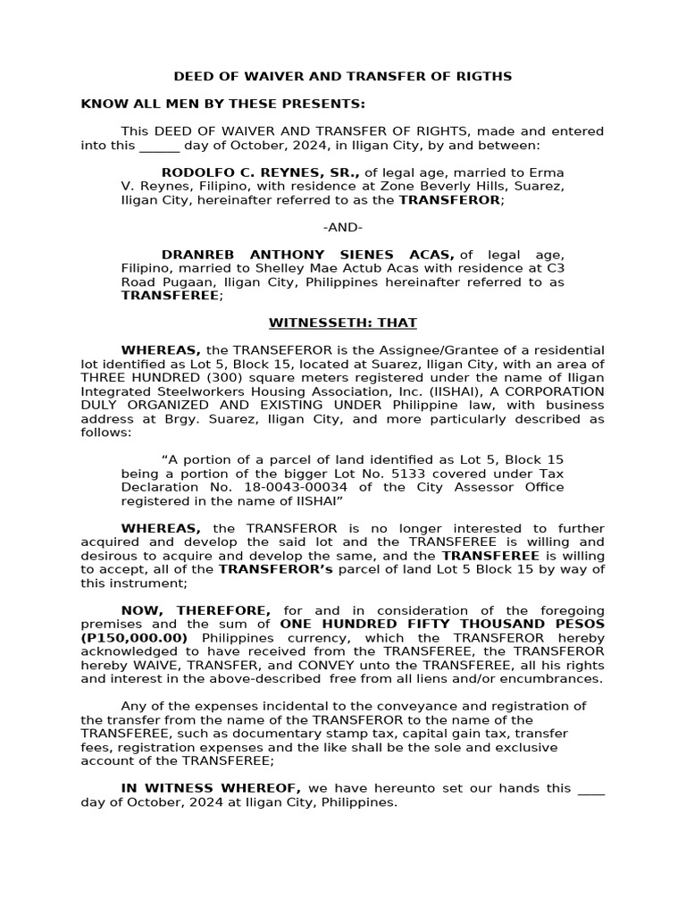 Deed of Waiver and Transfer of Rights | PDF | Private Law | Natural ...