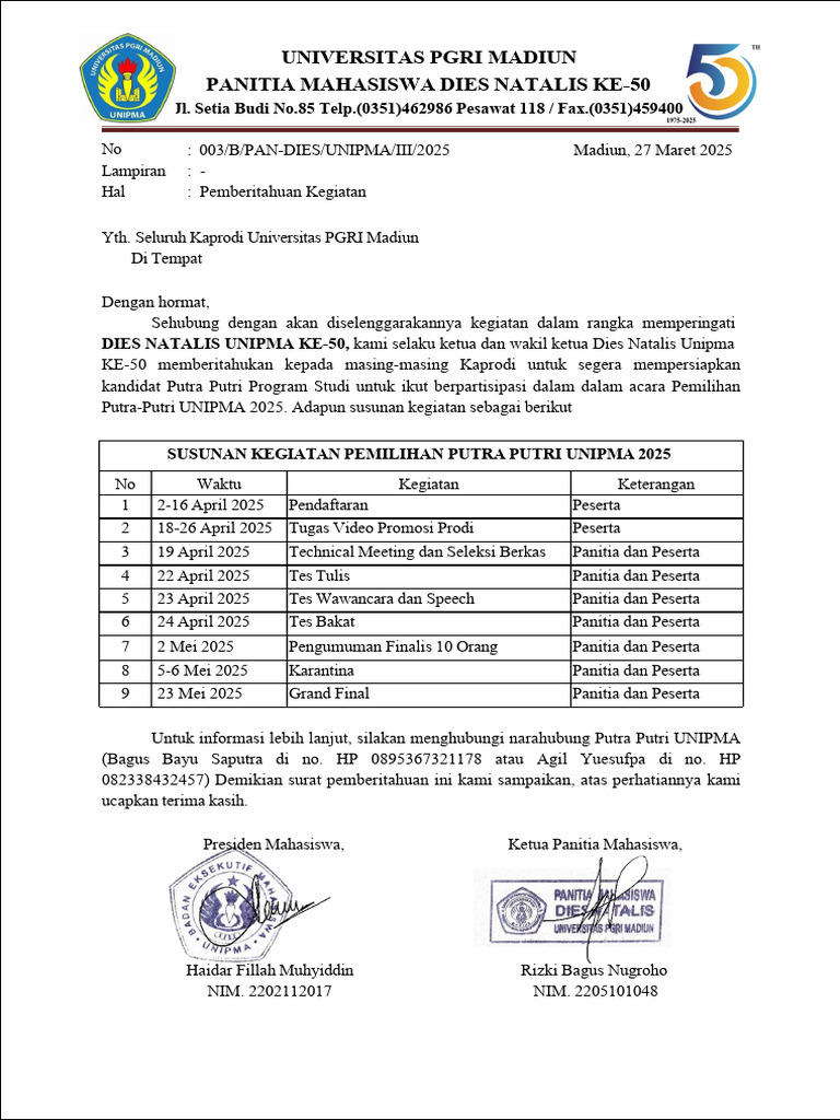 Surat Pemberitahuan PPU UNIPMA 2025 | PDF