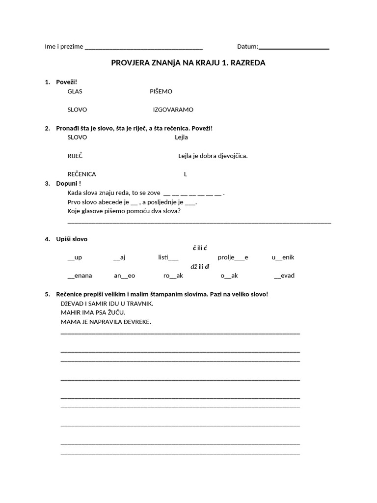 Provjera Na Kraju 1. Razreda | PDF