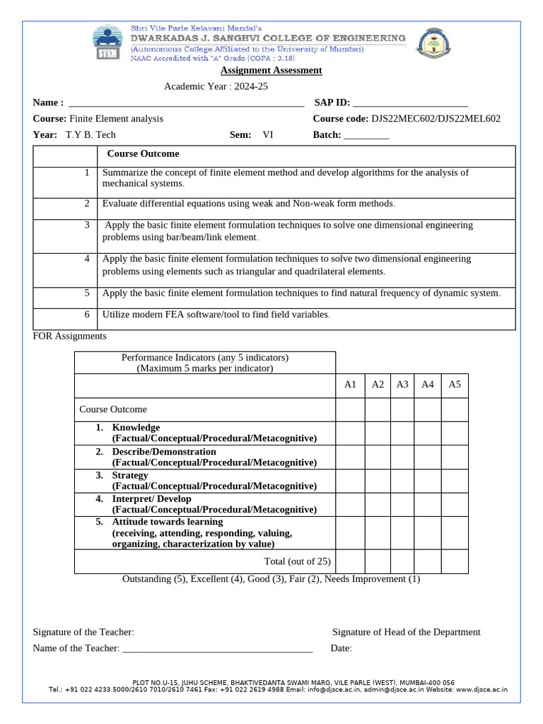 Djs22 Rubric Sheet Assignment 2024-25 Fea | PDF | Finite Element Method | Algorithms