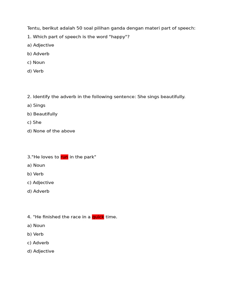 50 Multiple Choice Questions on Parts of Speech | PDF | Adverb | Adjective