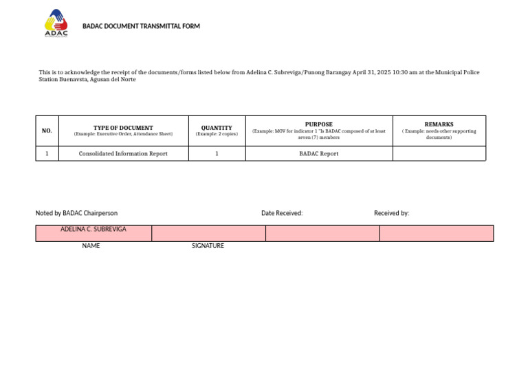 BADAC TRANSMITTAL FORM | PDF