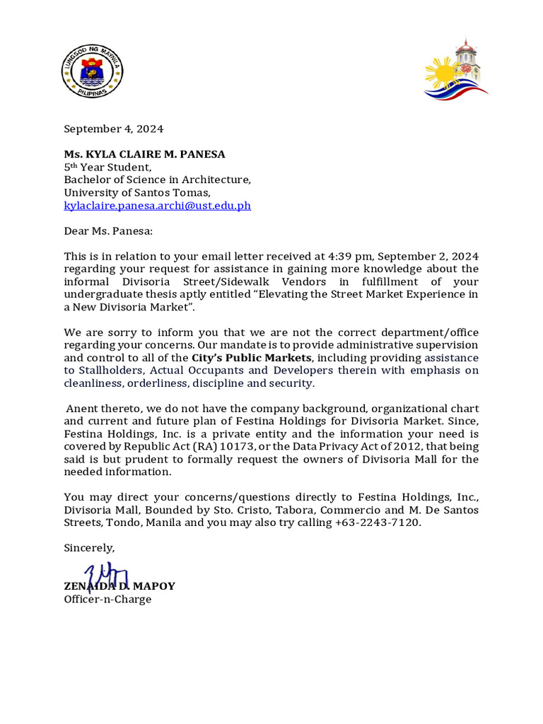 Reply Letter Ust Student Request For Divisoria Mall Info | PDF