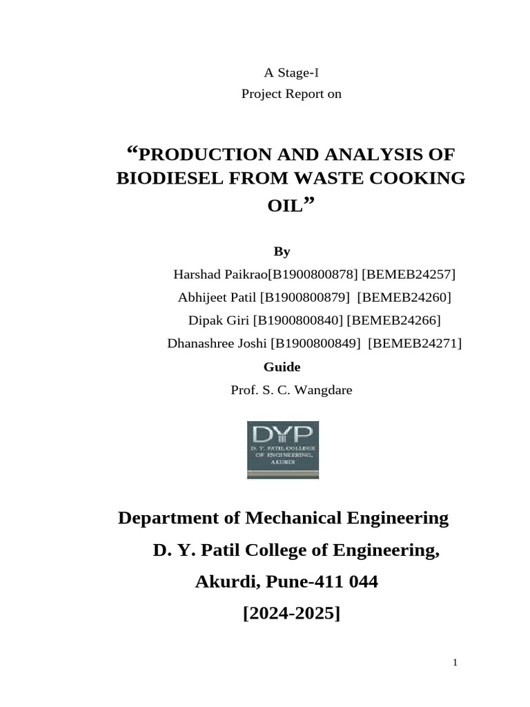 BE Project Stage-1 Sample Report | PDF | Biodiesel | Diesel Fuel