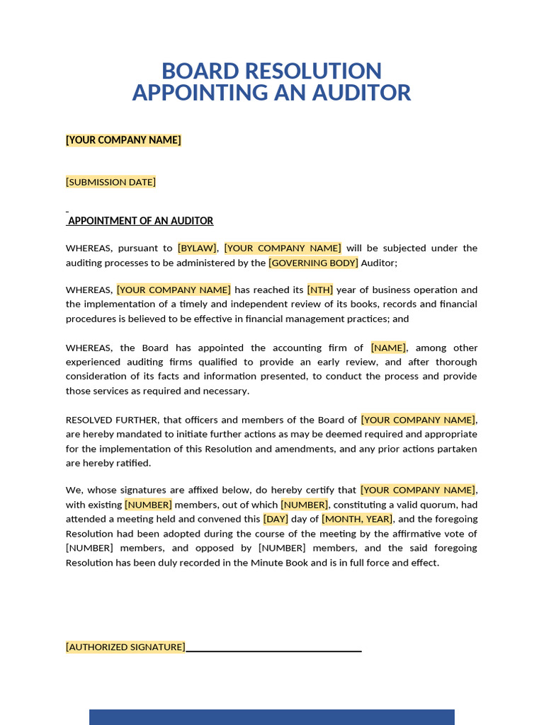 Board Resolution Appointing An Auditor Treas | PDF | Legal Documents ...