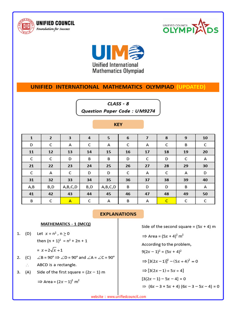 CL 8 UIMO 2024 Paper 9274 Key Updated | PDF | Mathematics