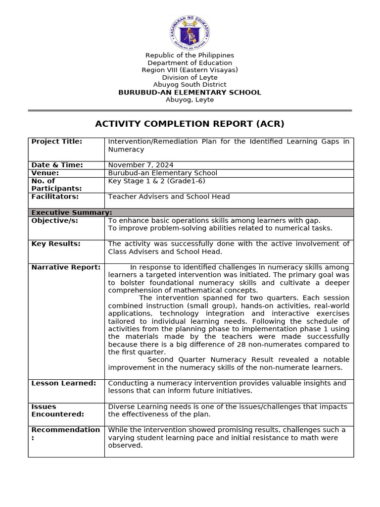 Numeracy Intervention Plan Report | PDF | Learning | Education Theory