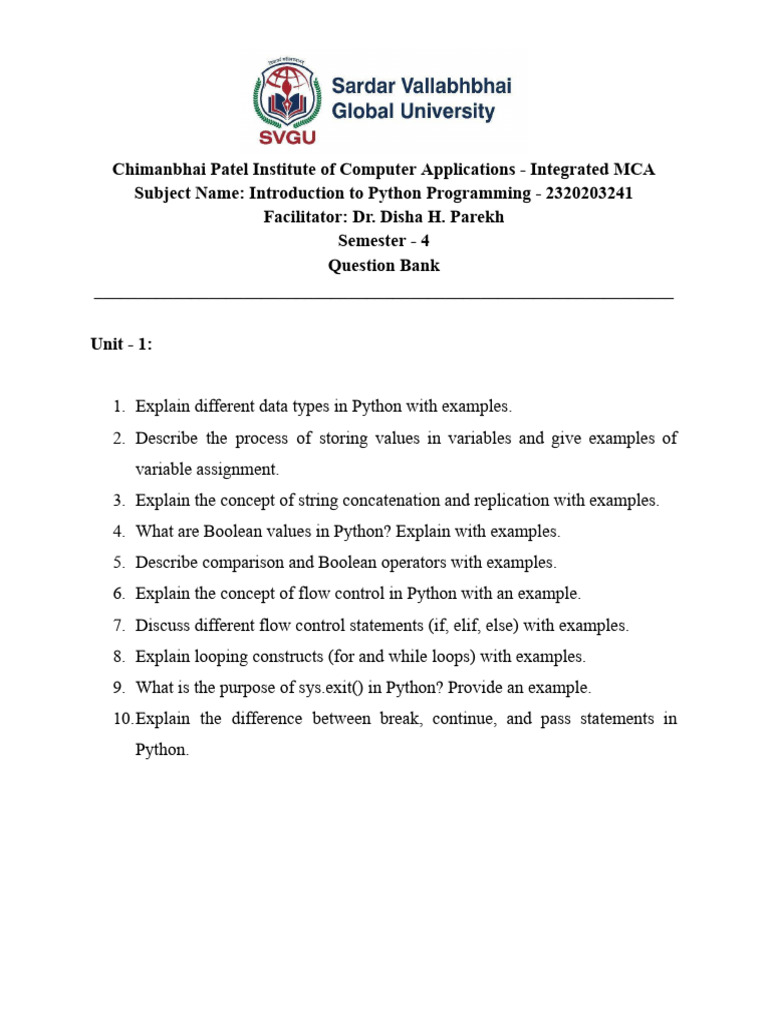 2320203241-Introduction to Python Programming_Question Bank | PDF | Control Flow | Regular ...
