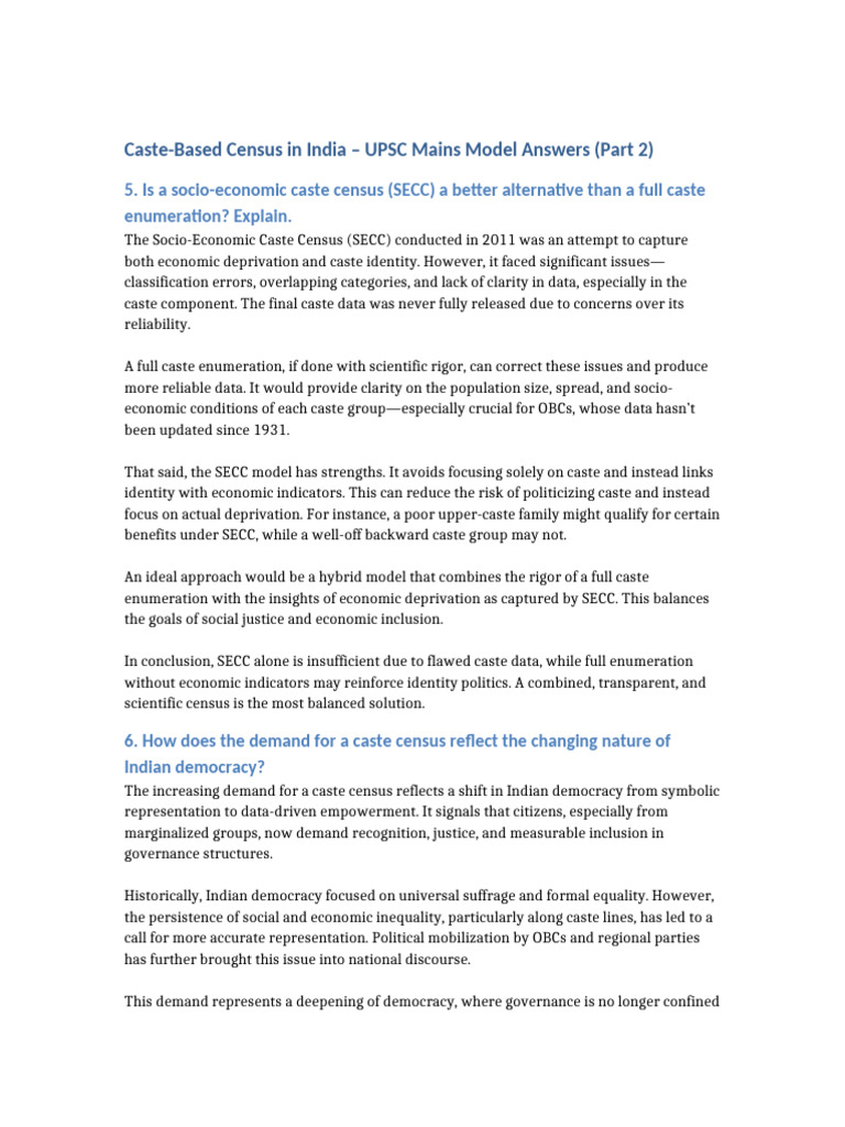 Caste Census UPSC Answers Part2 | PDF | Governance | Census