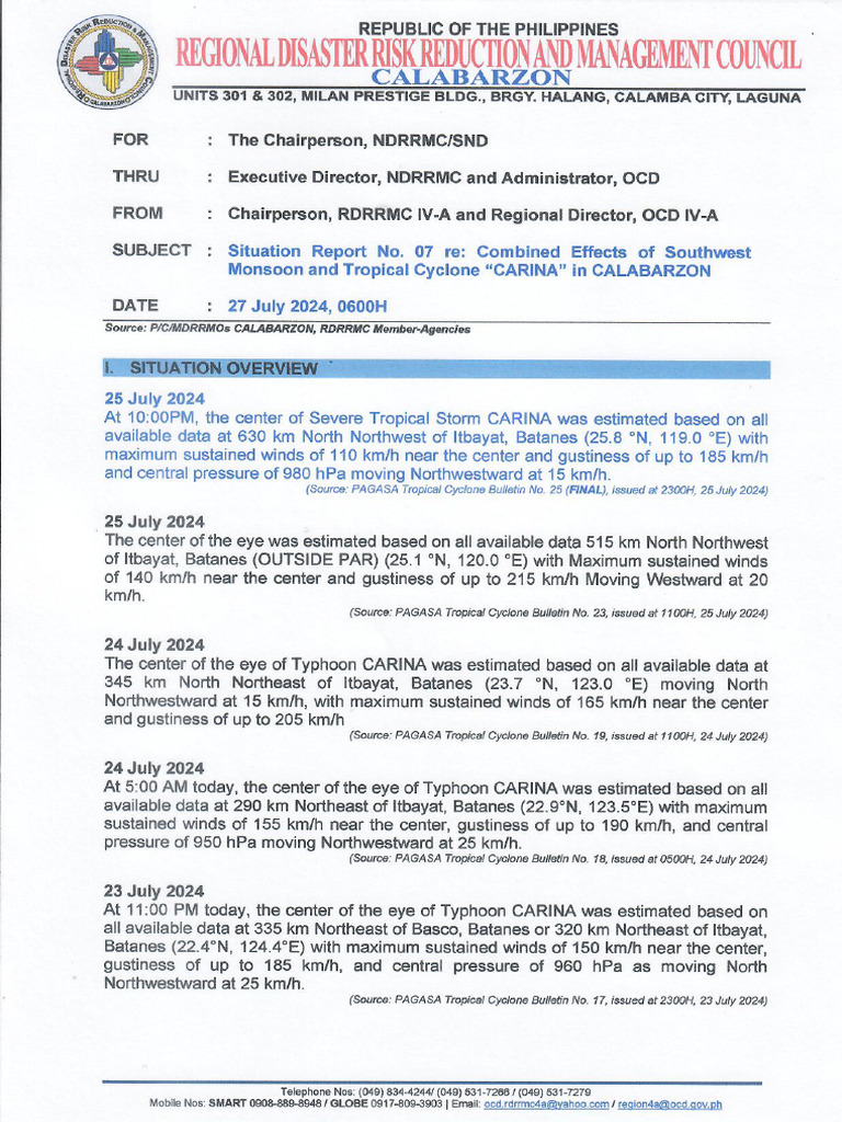 SitRep No. 7 Combined Effects of Southwest Monsoon CARINA in CALABARZON | PDF