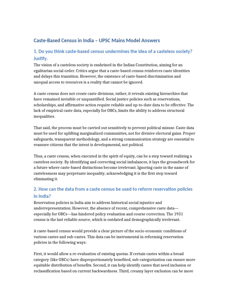 Caste Census UPSC Answers Part1 | PDF | Caste | Census