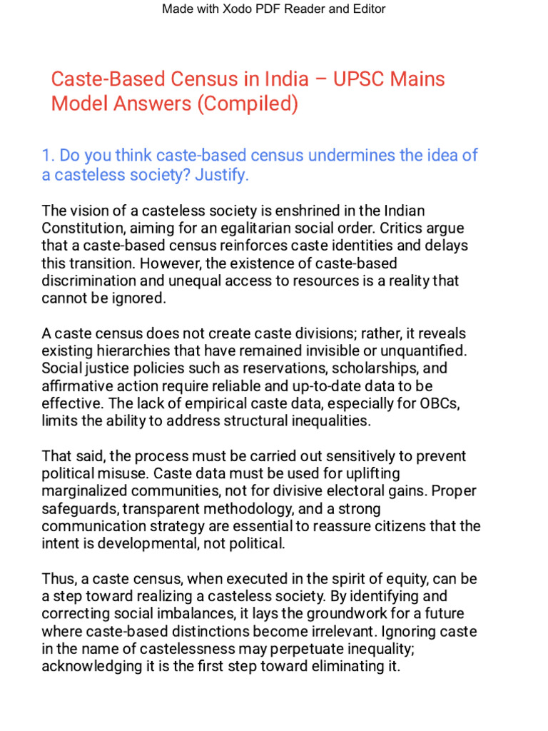 Caste-Based Census in India - UPSC Mains Model Answers (Compiled) | PDF | Census | Governance