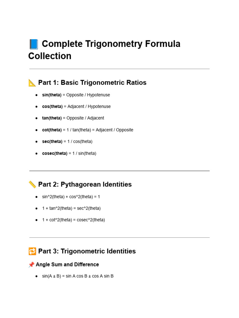 ? Complete Trigonometry Formula Collection | PDF | Trigonometric ...