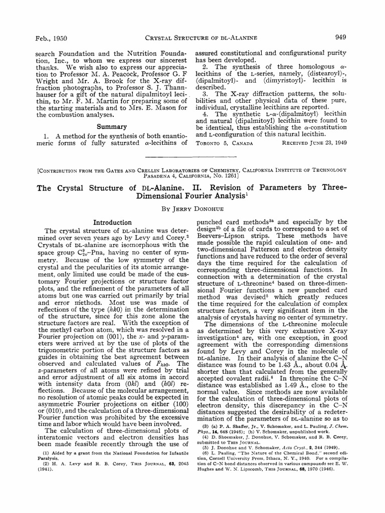 1950 - The Crystal Structure of DL-Alanine. | PDF | Chemical Bond ...