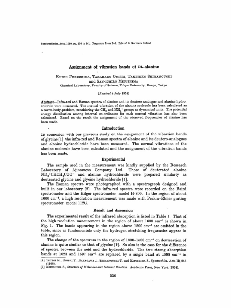 1959 - Assignment of Vibration Bands of DL-alanine | PDF | Spectroscopy | Carboxylic Acid
