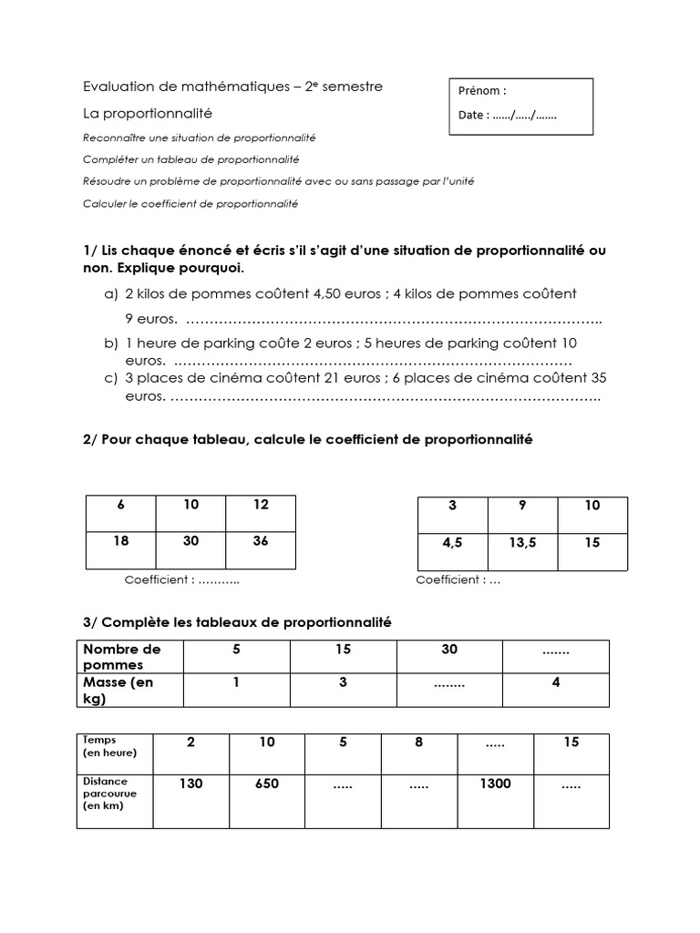 Eval Proportionnalité | PDF | Mathématiques