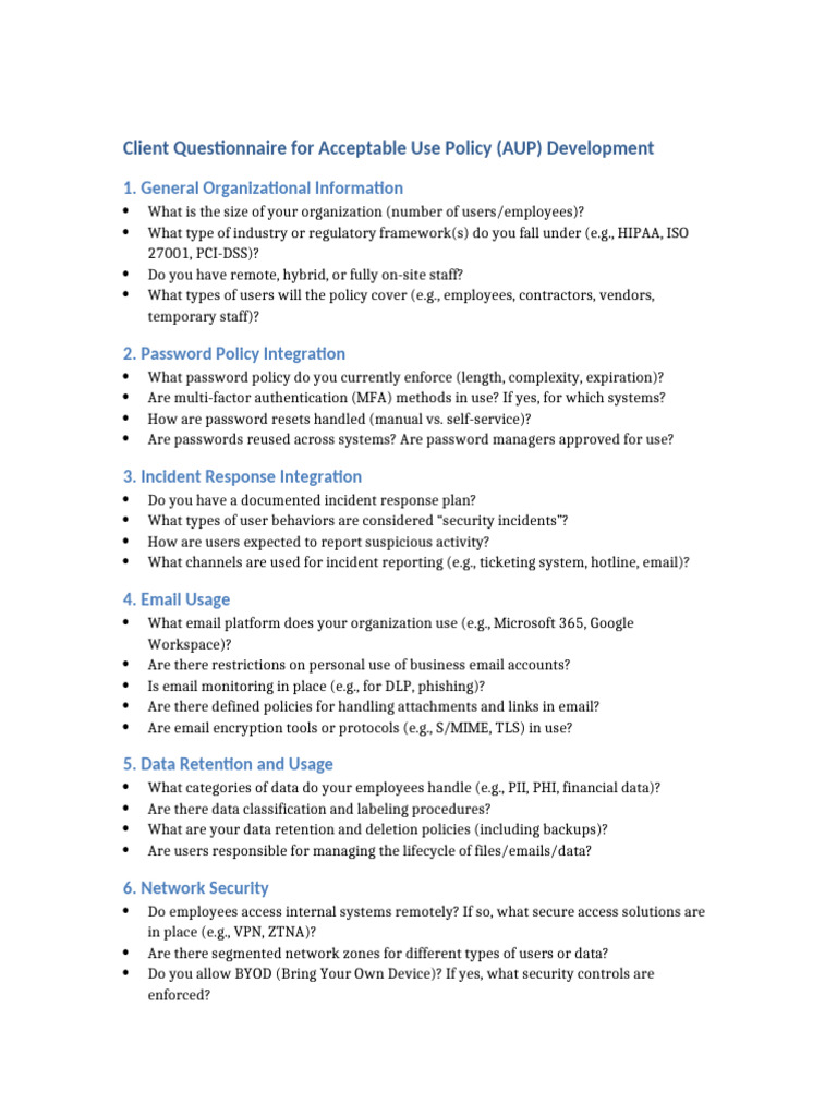 AUP Client Questionnaire | PDF | Password | Security