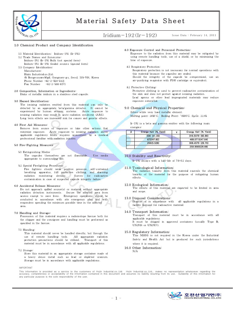 MSDS Ir-192 - Korean Source | PDF