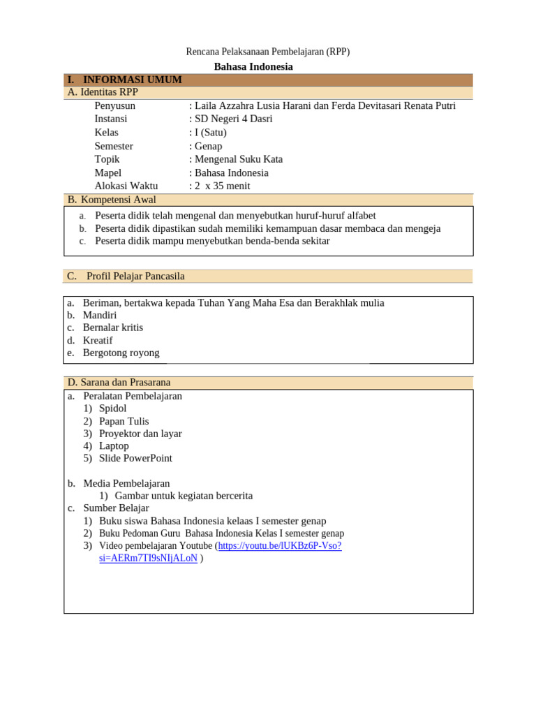 RPP 1 Bhs Indo Kelas 1 (Kelompok 3) Pemantapan Kemampuan Mengajar (PKM)-1 | PDF