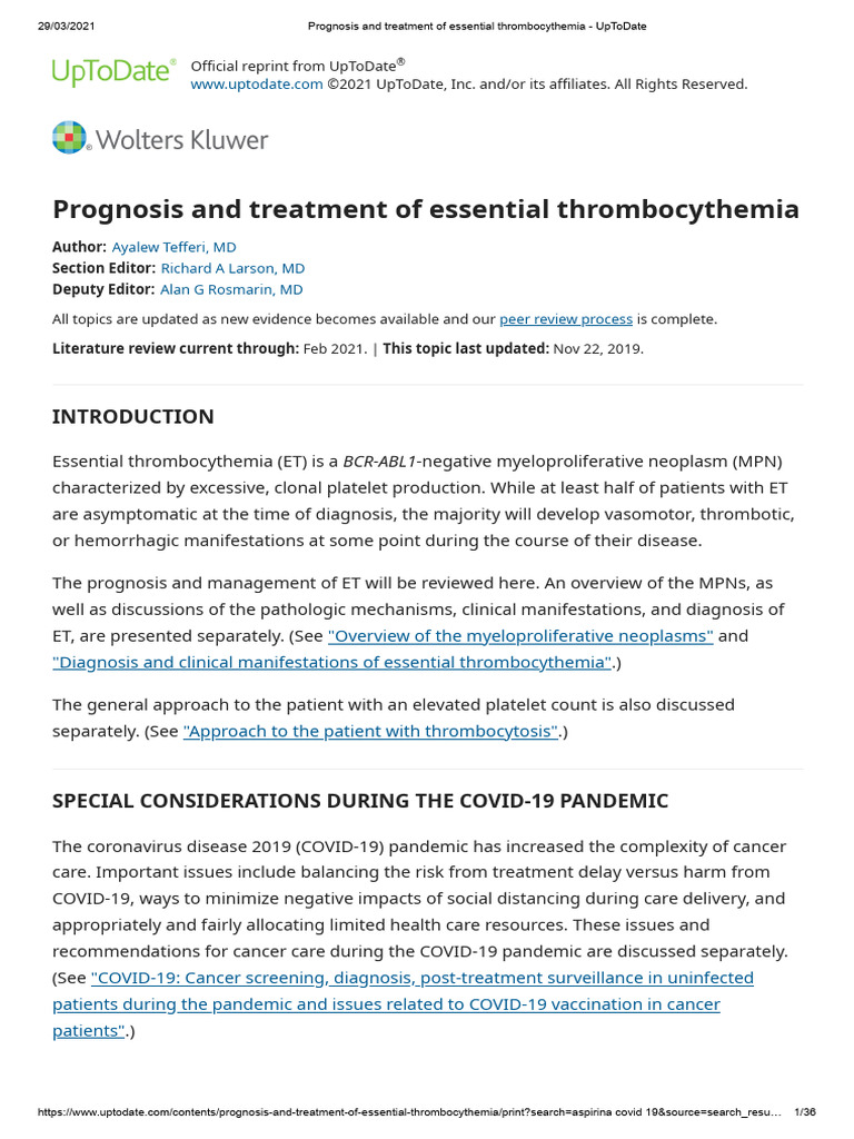 Prognosis and Treatment of ET | PDF | Thrombosis | Aspirin
