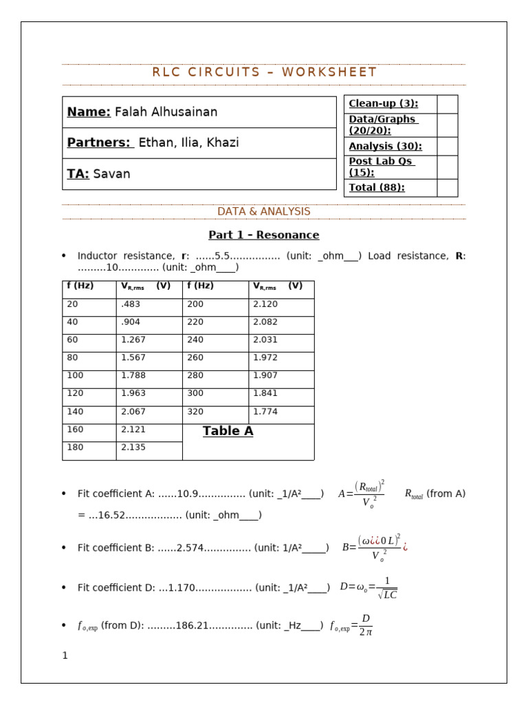 PHY+132+ +RLC+Circuits+Worksheet | PDF | Resonance | Phase (Waves)