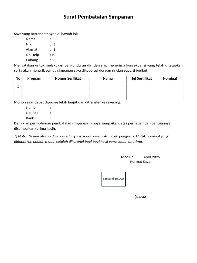 Surat Pembatalan Simpanan | PDF