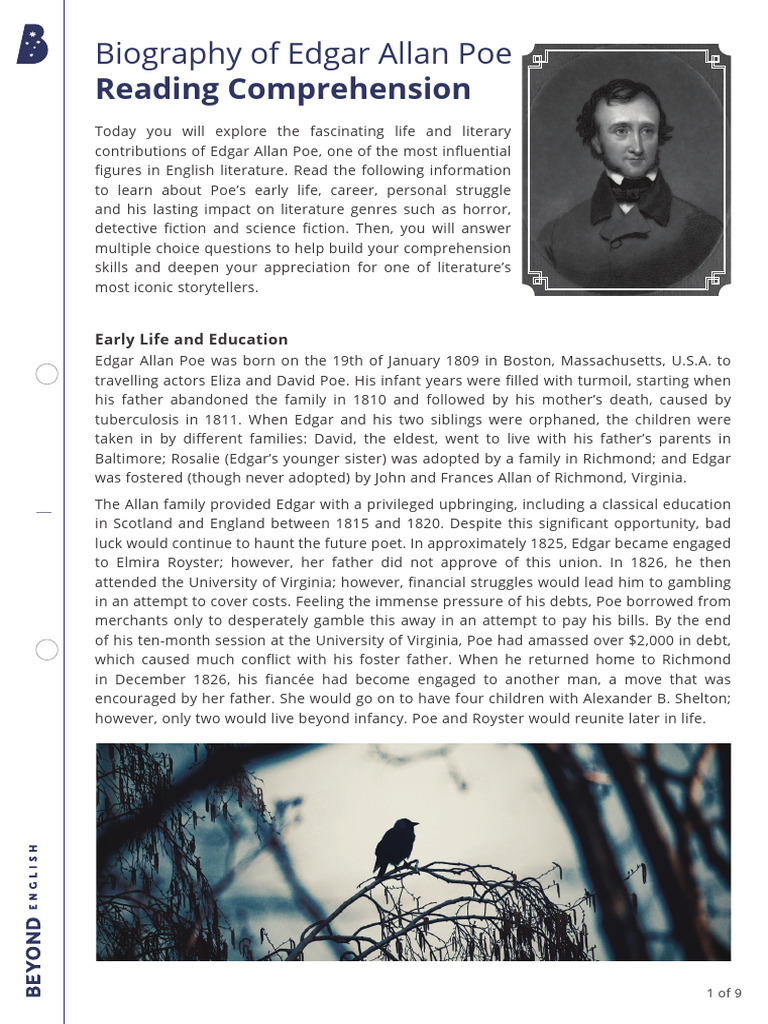 Biography of Edgar Allan Poe - Reading Comprehension | PDF | Edgar ...