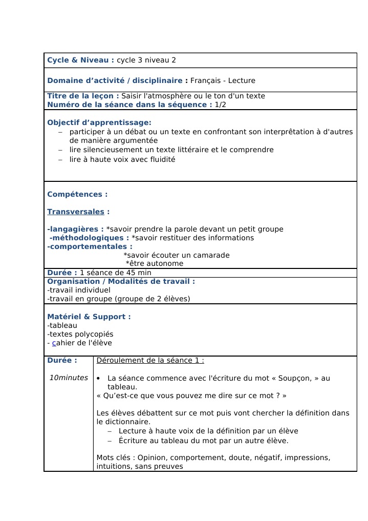 fiche de séance lecture séance 2 | Lecture (Processus) | Sciences ...