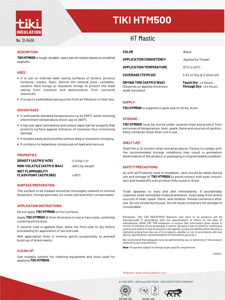 TDS - TIKI HTM500, 12-0436 HT Mastic | PDF | Secondary Sector Of The ...